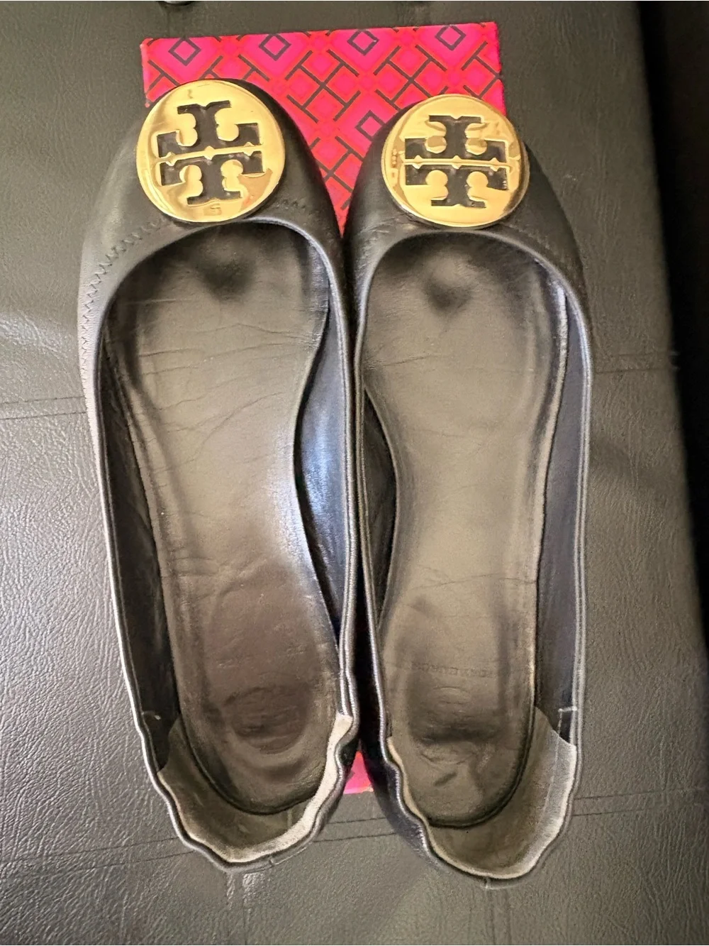 Tory Burch | Shoes | Tory Burch Black Leather Flats With Gold Logo ...